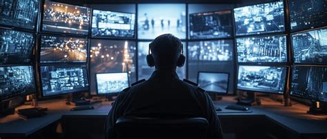 Security Guard Monitoring In Hightech Surveillance Room Premium Ai