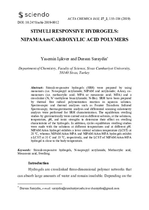 pdf stimuli responsive hydrogels nipam aam carboxylic acid polymers