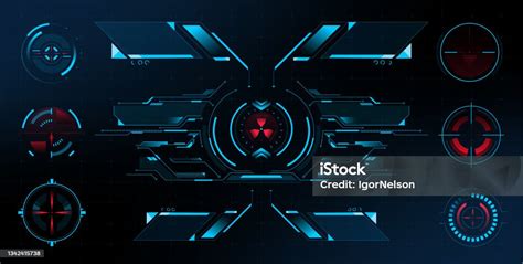 공상 과학 미래 우주선 목표 세트 Hud 미래십자선 광학 및 레이더 위치 테마 대시보드 디스플레이입니다 콜아웃 타이틀 벡터 겨냥에 대한 스톡 벡터 아트 및 기타 이미지