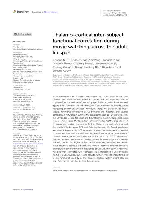 Pdf Thalamo Cortical Inter Subject Functional Correlation During Movie Watching Across The