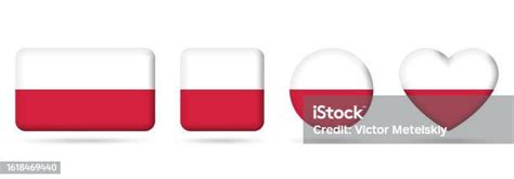 폴란드 국기 아이콘 또는 배지 세트입니다 폴란드어 광장 심장 및 원형 국가 상징 또는 배너 벡터 그림입니다 3차원 형태에 대한 스톡 벡터 아트 및 기타 이미지 Istock