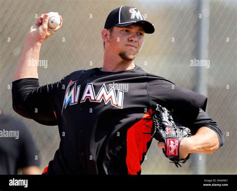 Miami Marlins Pitcher Josh Johnson Throws A Bullpen Session During Baseball Spring Training