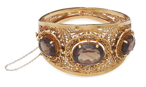 Lot Smokey Quartz And 18kt Filigree Gold Hinged Bangle Bracelet