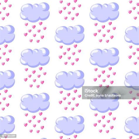 떨어지는 하트 완벽 한 패턴과 구름입니다 만화 스타일 어린이 직물 벽지 인쇄 또는 배경용 벡터 일러스트 레이 션입니다 0명에