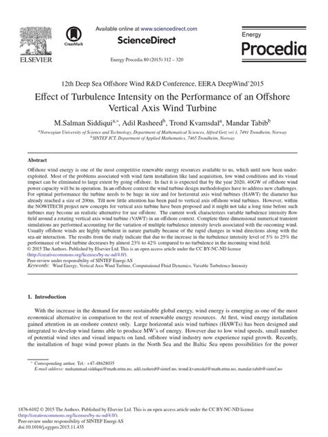 Effect Of Turbulence Intensity On The Performance Of An Offshore Vertical Axis Wind Turbine