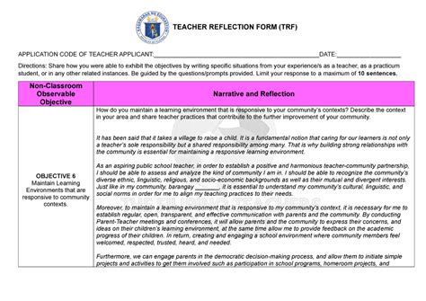 Trf Objective 6 Answer 01 Teacher Reflection Form Trf Application