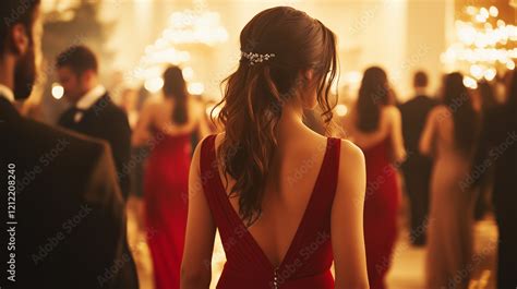 A Beautiful Woman In A Red Dress Facing Away From The Camera At An