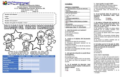 Examen Del Cuarto Grado Del Tercer Trimestre O Final Del Ciclo Escolar