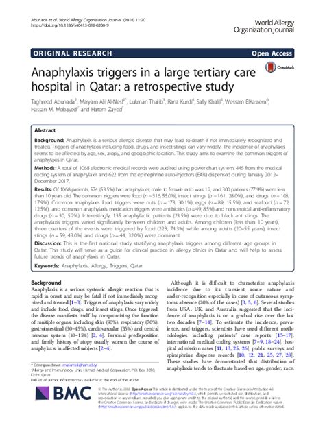 Pdf Anaphylaxis Triggers In A Large Tertiary Care Hospital In Qatar Pdf Anaphylaxis Triggers In A Large Tertiary Care Hospital In Qatar
