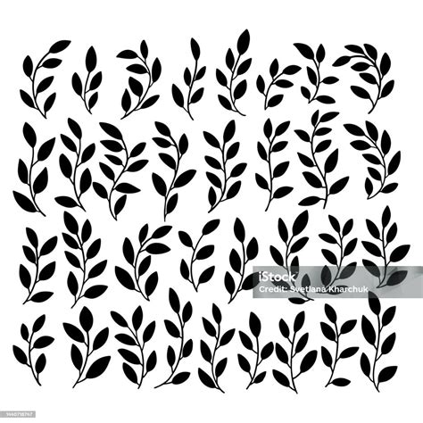 낙엽 가지 컬렉션의 실루엣 간단한 낙서 만화 스타일의 벡터 손으로 그린 그림 흰색 배경에 격리된 개체 0명에 대한 스톡 벡터