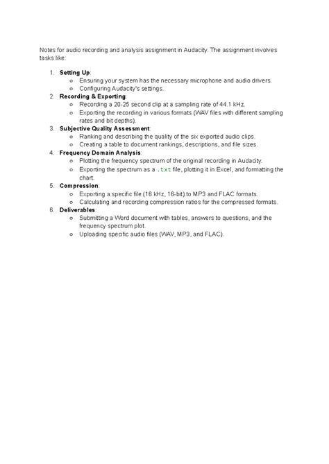Audacity Assignment Notes For Audio Recording And Analysis Assignment