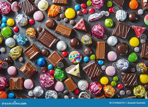 Assorted Types Of Vibrant Chocolate Candies Spread Out On A Table With