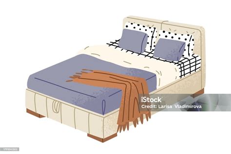 부드러운 베이지 컬러의 커버와 세련되고 현대적인 침구가 있는 커다란 빈 더블 침대입니다 침실 장식 아늑한 숙소 인테리어 만화 스타일의 고립 된 벡터 그림입니다 가구에 대한