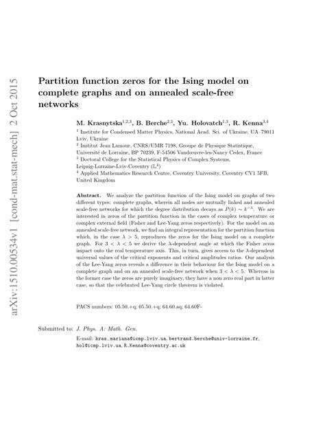 Pdf Partition Function Zeros For The Ising Model On Complete Graphs