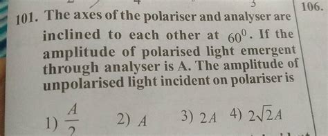 The Axes Of The Polariser And Analyser Are Inclined To Each Other At 60∘