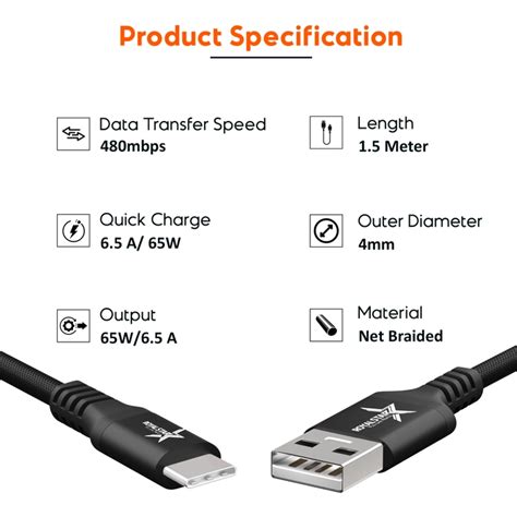 Royal Star USB To Type C Cable 65W 6 5A Fast Charging Net Braided Cord