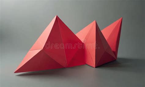 Two Red Origami Sculptures Resembling Bird S Head Are Arranged Diagonally Against Gray Stock