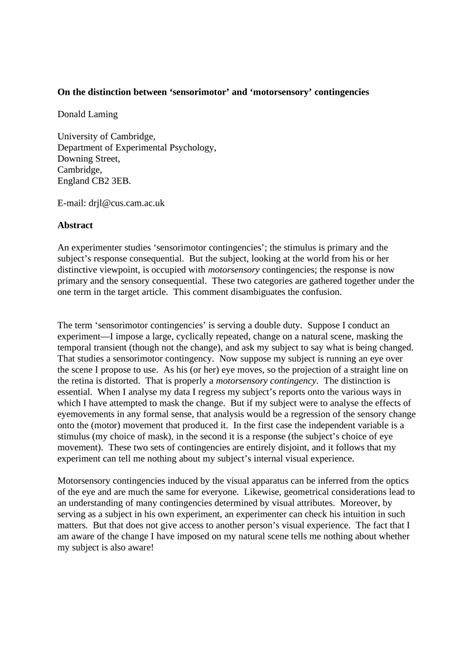 Pdf On The Distinction Between Sensorimotor” And Motorsensory