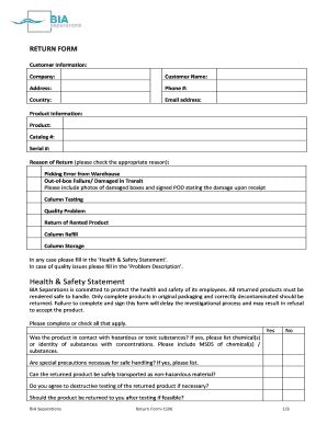 Fillable Online RETURN FORM Customer Information Company Customer Name Address Phone