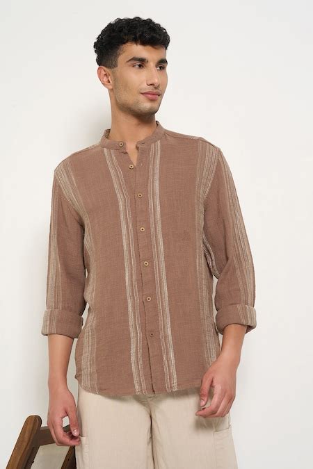 Brown Striped Casual Full Sleeves Mandarin Collar Men Relaxed Fit