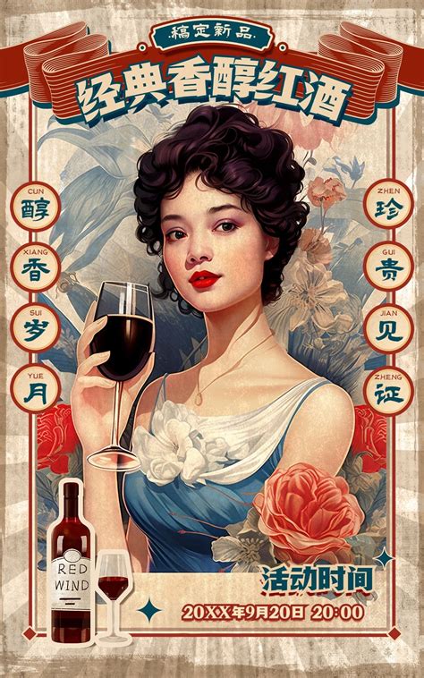 红酒产品营销复古感创意电商竖版海报aigc图片模板素材 稿定设计