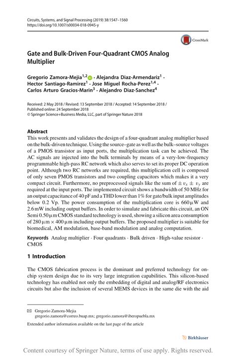 Gate And Bulk Driven Four Quadrant Cmos Analog Multiplier Request Pdf