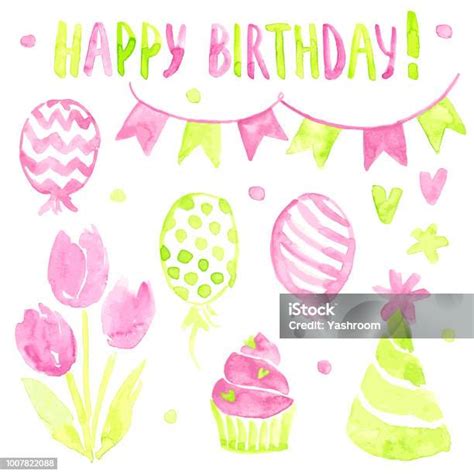 생일 인사말 카드에 대 한 수채화 장식 요소의 집합입니다 귀여운에 대한 스톡 벡터 아트 및 기타 이미지 귀여운 꽃 식물