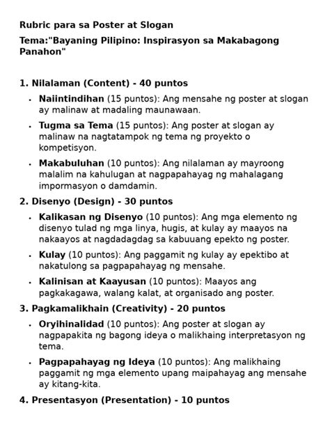 Rubric Para Sa Poster At Slogan Pdf