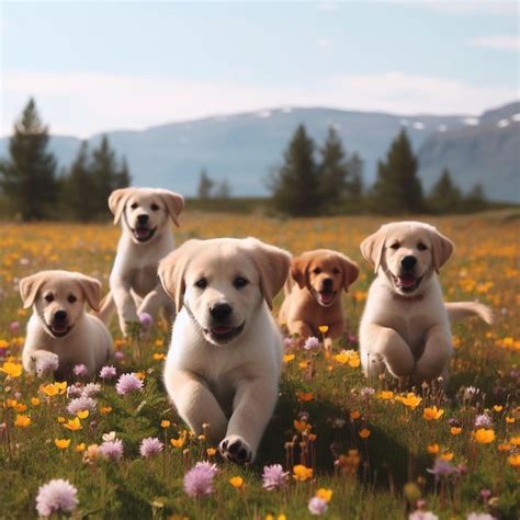 Premium Photo A Group Of Puppies In A Field Of Flowers Cute Puppies