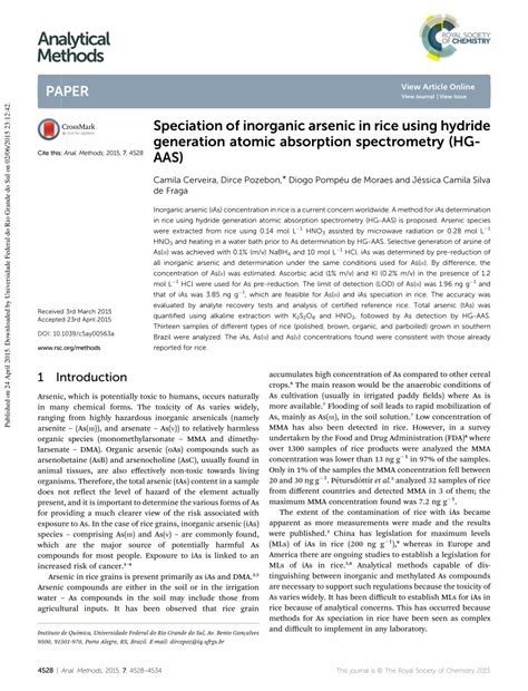 Pdf Speciation Of Inorganic Arsenic In Rice Using Hydride Generation Atomic Absorption