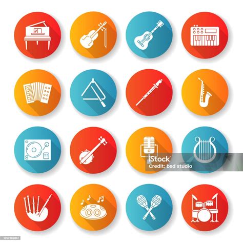 오케스트라 악기 플랫 디자인 긴 그림자 글리프 아이콘 세트 Classical Concert에 대한 스톡 벡터 아트 및 기타
