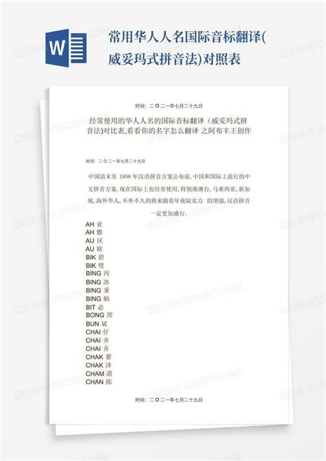 常用华人人名国际音标翻译威妥玛式拼音法对照表word模板下载编号lgxyaveg熊猫办公
