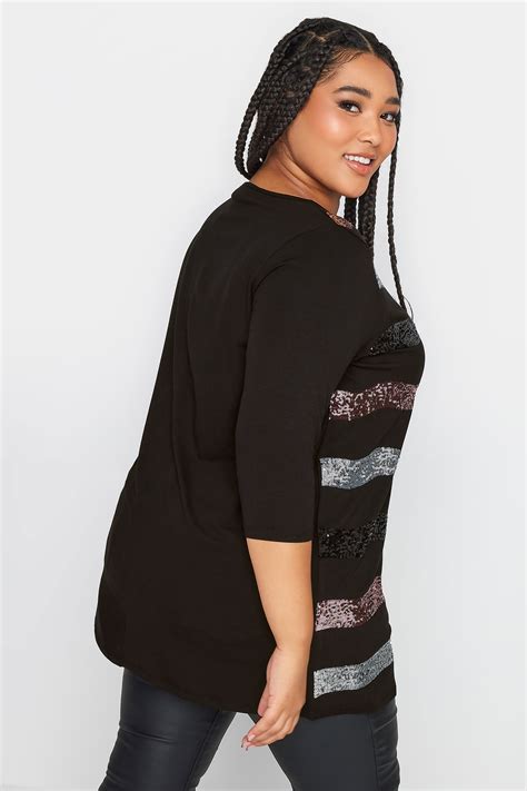 Yours Plus Size Black Sequin Embellished Stripe Top Yours Clothing