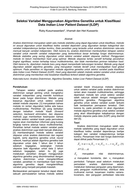 Pdf Seleksi Variabel Menggunakan Algoritma Genetika Untuk Klasifikasi Data Indian Liver