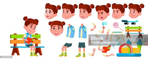 여 자가 유치원 아이 벡터입니다 애니메이션 만들기 세트입니다 감정 제스처를 얼굴 친절 한 작은 아이 들 귀여운 만화 프레 젠 테이 션 초대 디자인 인쇄 애니메이션 격리 된