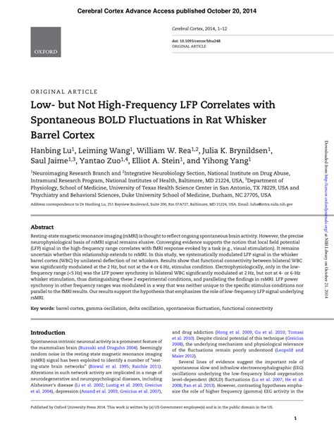 Pdf Low But Not High Frequency Lfp Correlates With Spontaneous Bold Fluctuations In Rat