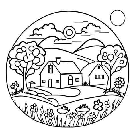 컬러링 페이지 시골 마을 자연 풍경 시골 터 일러스트레이션 프리미엄 벡터