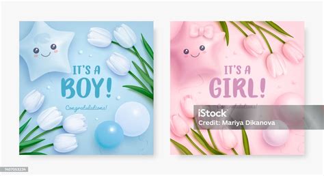 만화 풍선과 분홍색과 파란색 배경에 사실적인 튤립이있는 베이비 샤워 사각형 배너 그것은 여자입니다 그것은 소년입니다 벡터 일러스트 레이 션 0명에 대한 스톡 벡터 아트 및
