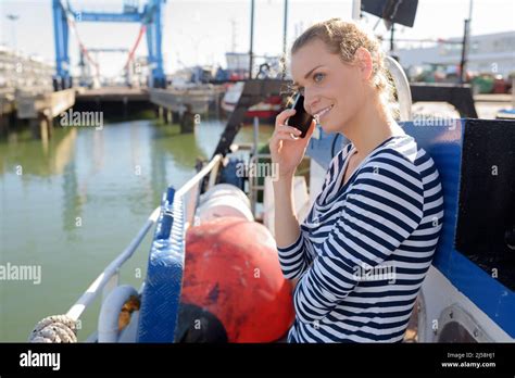 Female Working In Front Container On Ship Port Stock Photo Alamy