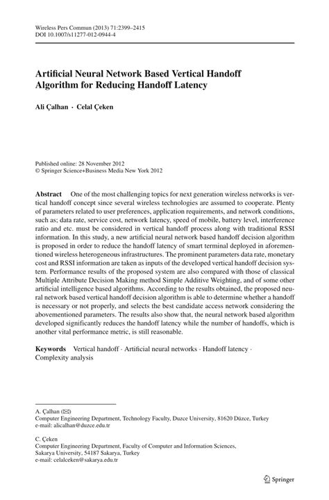 Pdf Artificial Neural Network Based Vertical Handoff Algorithm For Reducing Handoff Latency