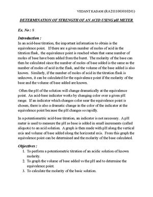 Experiment Estimation Of Fe II In A Solution Using Potentiometric Titration VEDANT Studocu