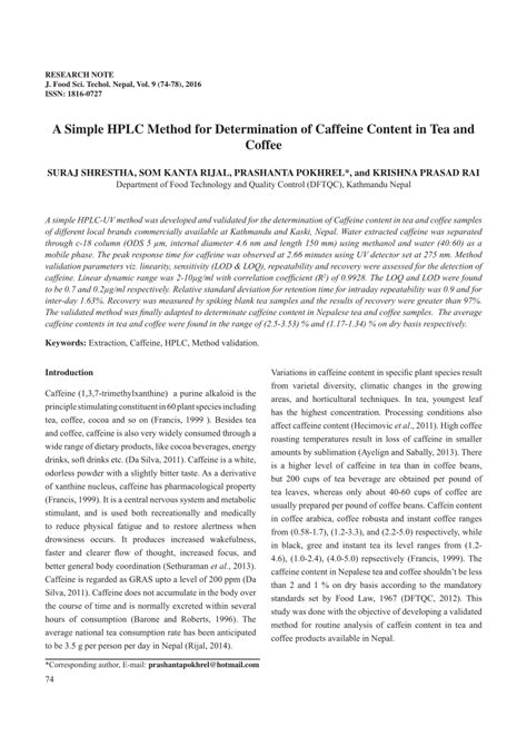 Pdf A Simple Hplc Method For The Determination Of Caffeine Content In Tea And Coffee