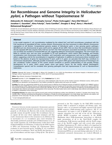 Pdf Xer Recombinase And Genome Integrity In Helicobacter Pylori A Pathogen Without