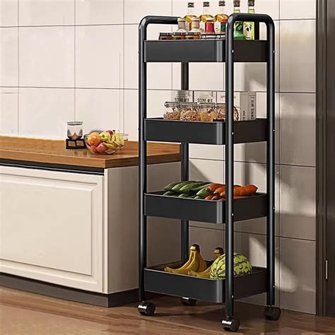 Coolleaf Kt B4 Kitchen Storage Rack Steel Kitchen Trolley With Wheels Hooks And 4 Layer