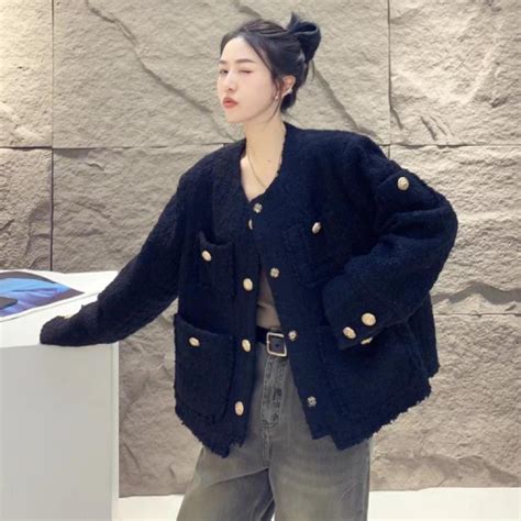Deargod正韓女裝歐洲站2022秋季chic正韓圓領復古金色紐扣寬松a字版粗花呢外套女 宏躍生活館 Iopen Mall