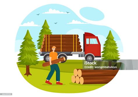 나무꾼 작업 장비 기계 또는 전기톱으로 나무와 나무를 자르는 남자와 목재 벡터 일러스트 레이 션 평면 만화 배경 숲에서 거친에 대한 스톡 벡터 아트 및 기타 이미지 Istock