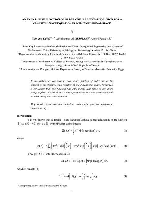 Pdf An Even Entire Function Of Order One Is A Special Solution For A Classical Wave Equation