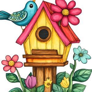 8 Cartoon Easter Bird House Clipart Bundle Spring Floral Birdhouse Png
