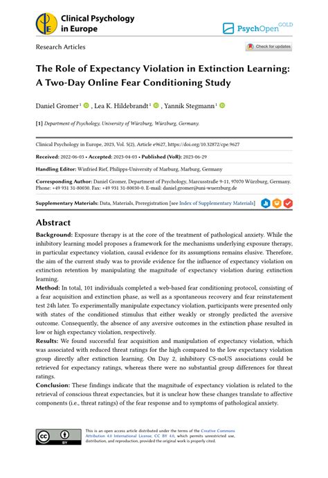 Pdf The Role Of Expectancy Violation In Extinction Learning A Two Day Online Fear