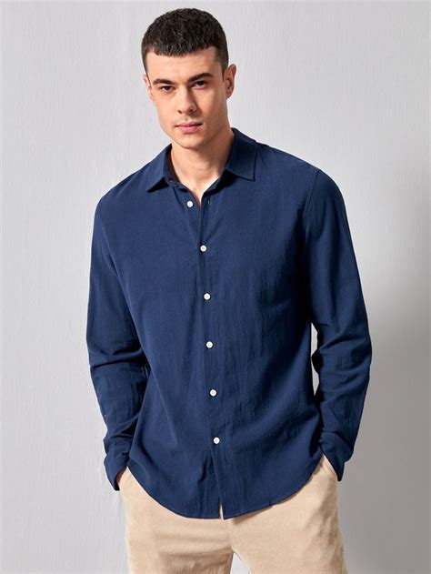 Men Solid Button Up Shirt Navy Blue Preppy Long Sleeve Cotton Navy